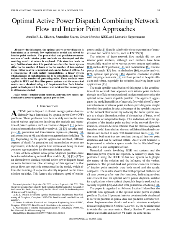 Pdf Optimal Active Power Dispatch Combining Network Flow And Interior Point Approaches