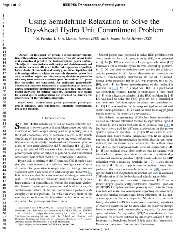(PDF) Hydro Unit Commitment via Semidefinite Relaxation
