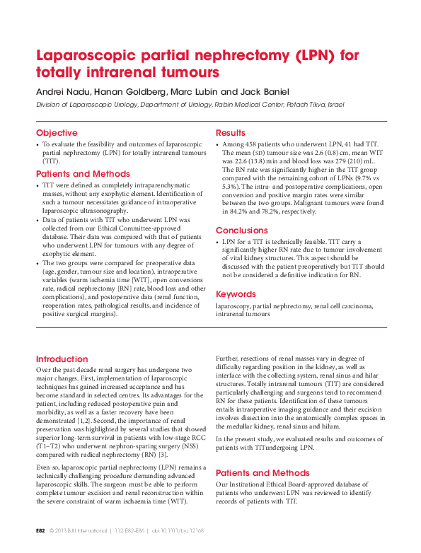 (PDF) Laparoscopic partial nephrectomy (LPN) for totally intrarenal tumours