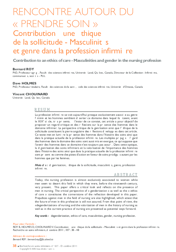 (PDF) Contribution à une éthique de la sollicitude - Masculinités et ...