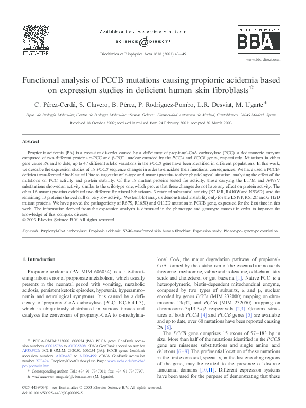 (PDF) Functional analysis of PCCB mutations causing propionic acidemia ...