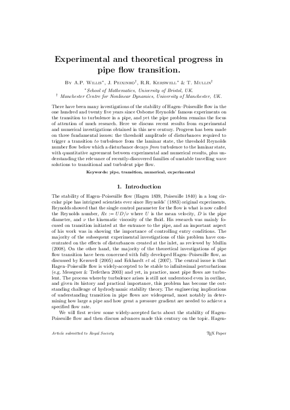 (PDF) Experimental and theoretical progress in pipe flow transition