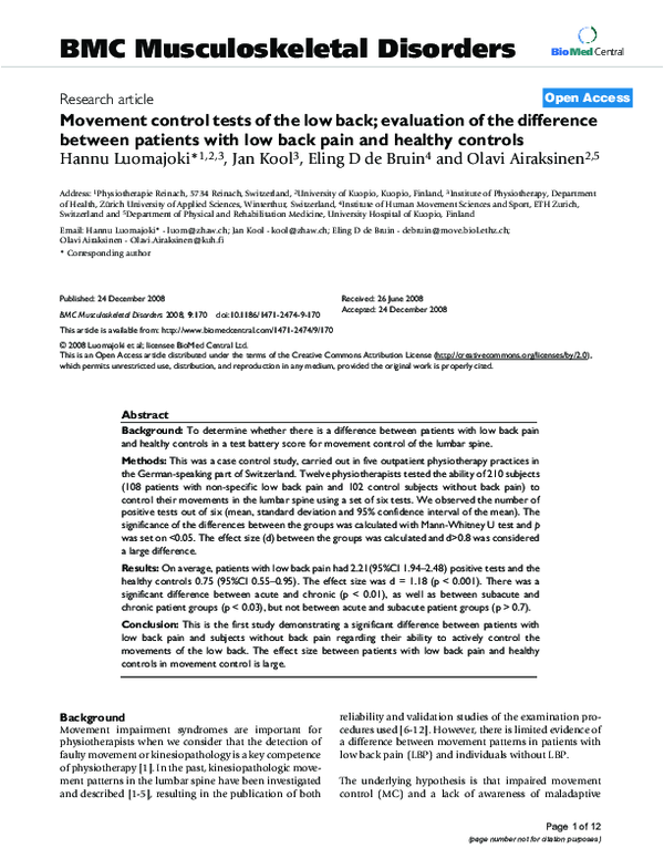 (PDF) Movement control tests of the low back; evaluation of the ...