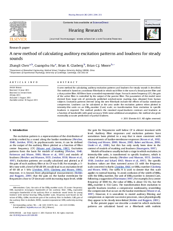 (PDF) A new method of calculating auditory excitation patterns and loudness for steady sounds