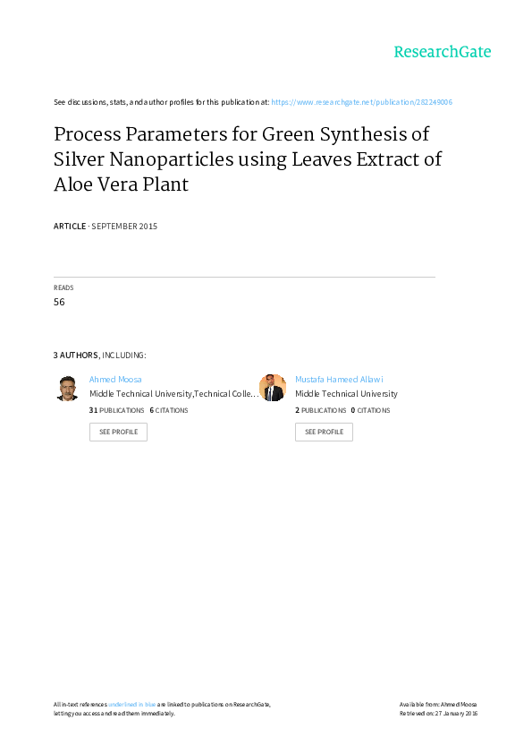 (PDF) Process Parameters for Green Synthesis of Silver Nanoparticles using Leaves Extract of ...