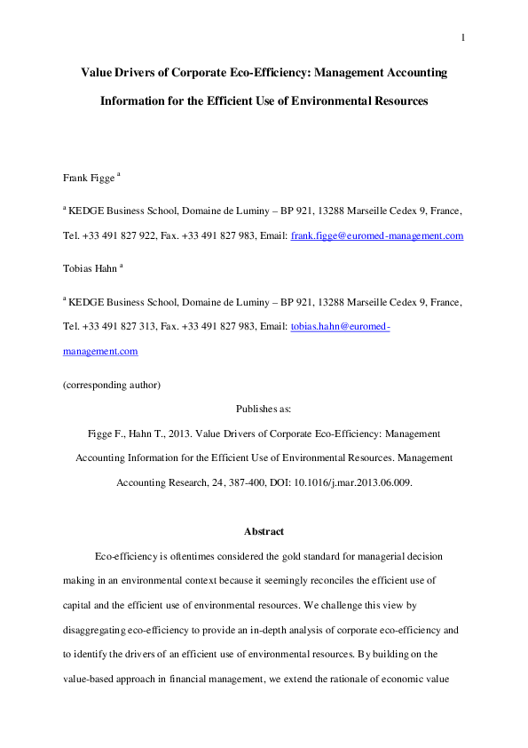 (PDF) Value drivers of corporate eco-efficiency: Management accounting ...