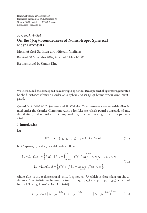 (PDF) On the (p,q)-Boundedness of Nonisotropic Spherical Riesz Potentials