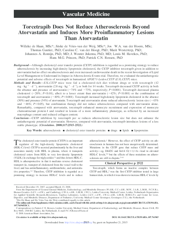 (PDF) Torcetrapib Does Not Reduce Atherosclerosis Beyond Atorvastatin ...