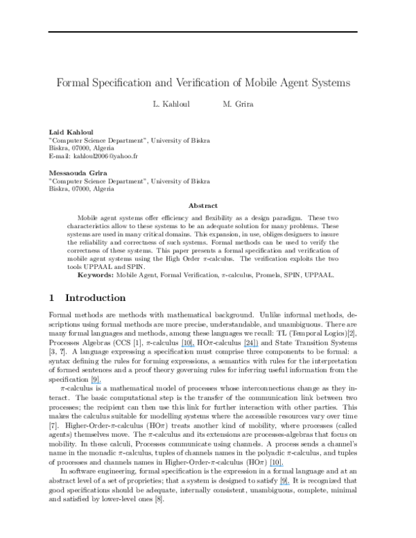 (PDF) Formal Specification and Verification of Mobile Agent Systems | Laid Kahloul - Academia.edu