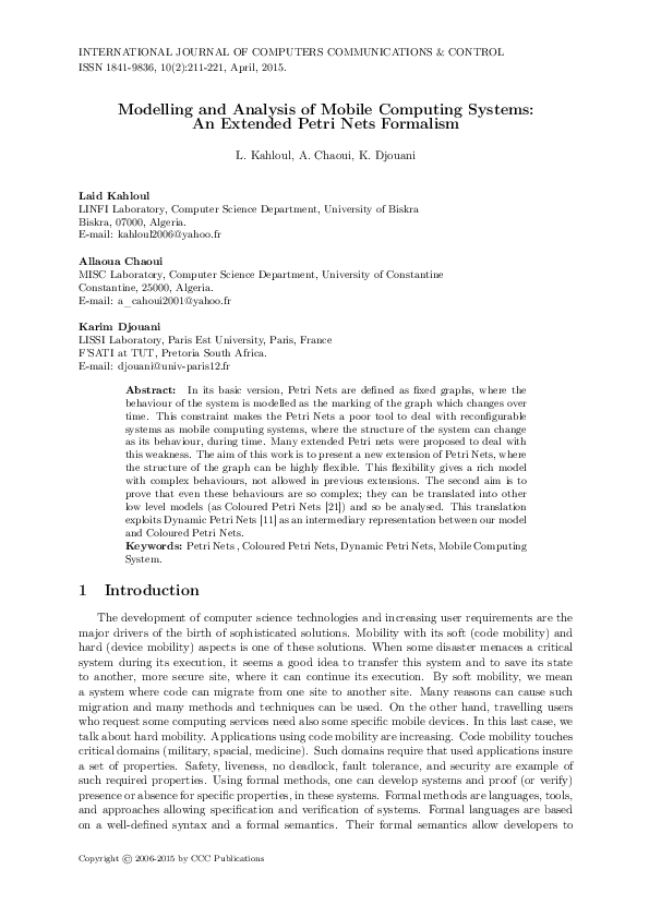 (PDF) Modelling and Analysis of Mobile Computing Systems: An Extended Petri Nets Formalism ...