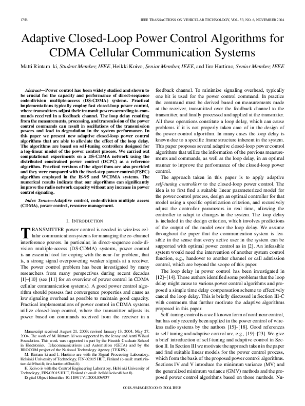 Pdf Adaptive Closed Loop Power Control Algorithms For Cdma Cellular Communication Systems