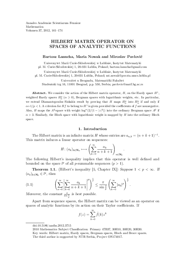 (PDF) Hilbert matrix operator on spaces of analytic functions