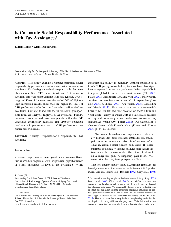 (PDF) Is Corporate Social Responsibility Performance Associated with Tax Avoidance