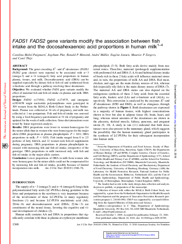(PDF) FADS1 FADS2 gene variants modify the association between fish intake and the ...