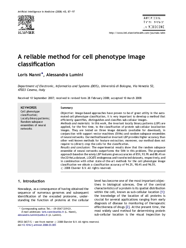 Pdf A Reliable Method For Cell Phenotype Image Classification
