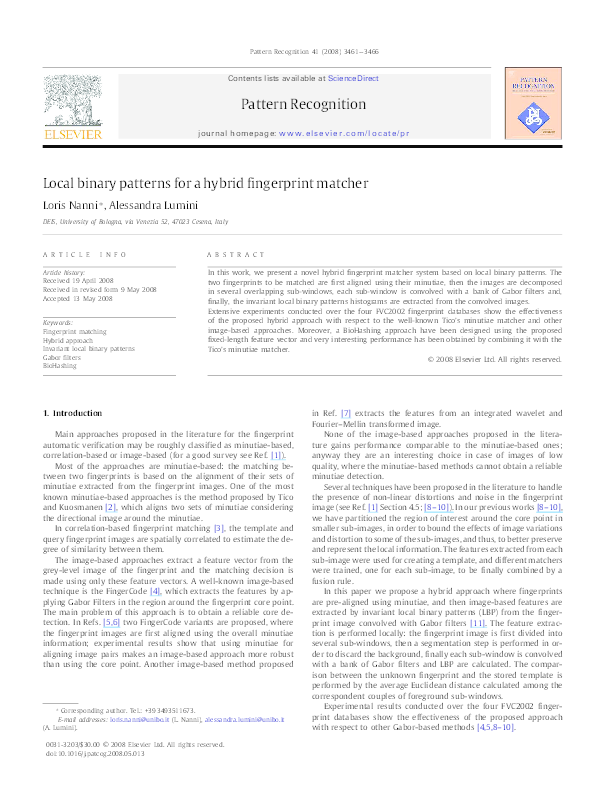 Pdf Local Binary Patterns For A Hybrid Fingerprint Matcher