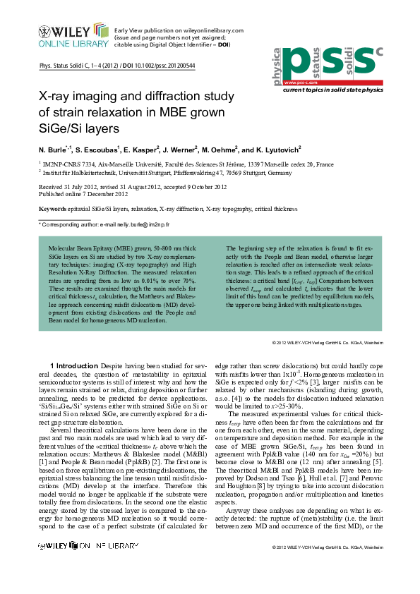 (PDF) X-ray imaging and diffraction study of strain relaxation in MBE grown SiGe/Si layers