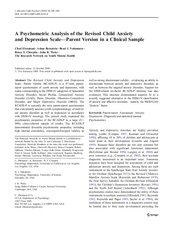 (PDF) A Psychometric Analysis of the Revised Child Anxiety and ...