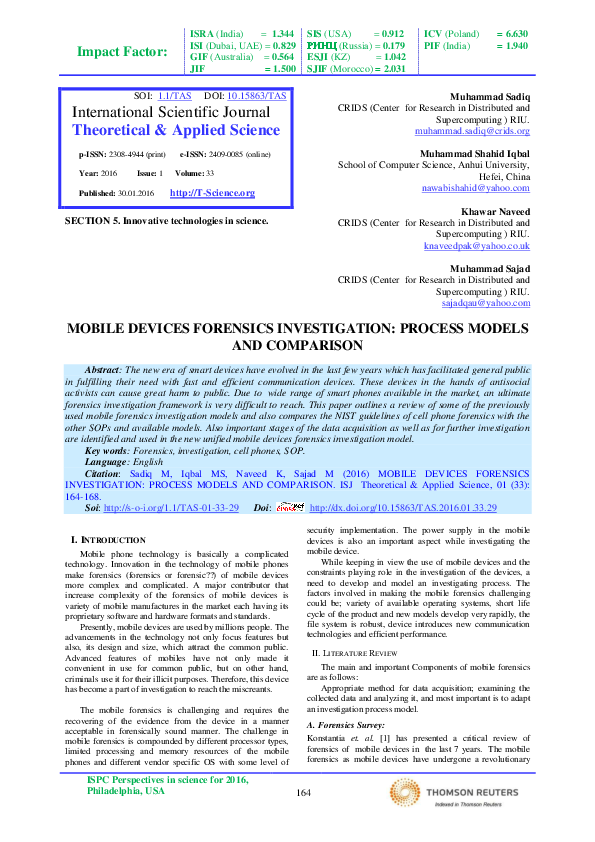 (PDF) MOBILE DEVICES FORENSICS INVESTIGATION: PROCESS MODELS AND COMPARISON