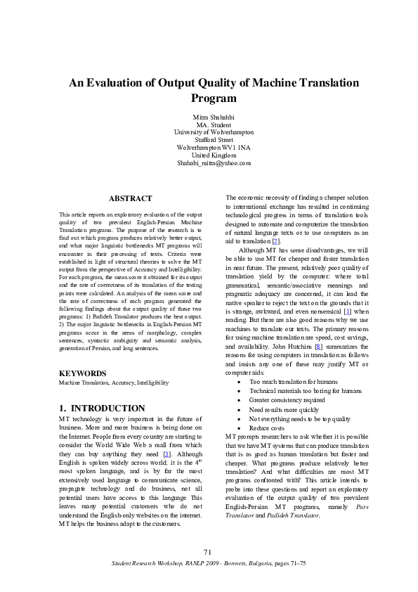 (PDF) An Evaluation of Output Quality of Machine Translation Program
