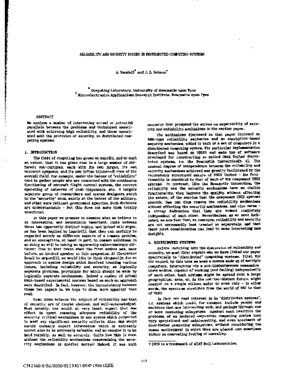 Pdf Reliability And Security Issues In Distributed Computing Systems
