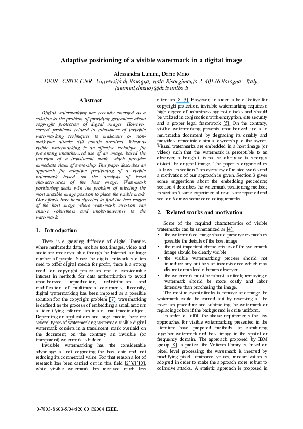 (PDF) Adaptive positioning of a visible watermark in a digital image