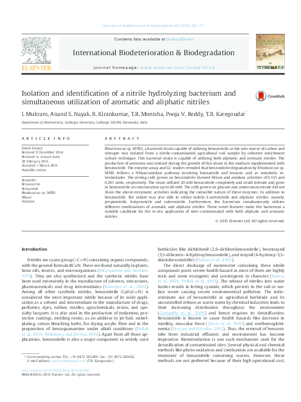 (PDF) Isolation and identification of nitrile utilizing organism and ...