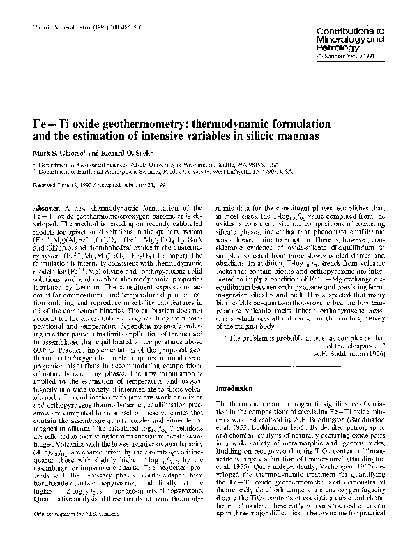 (PDF) Fe-Ti oxide geothermometry: thermodynamic formulation and the ...