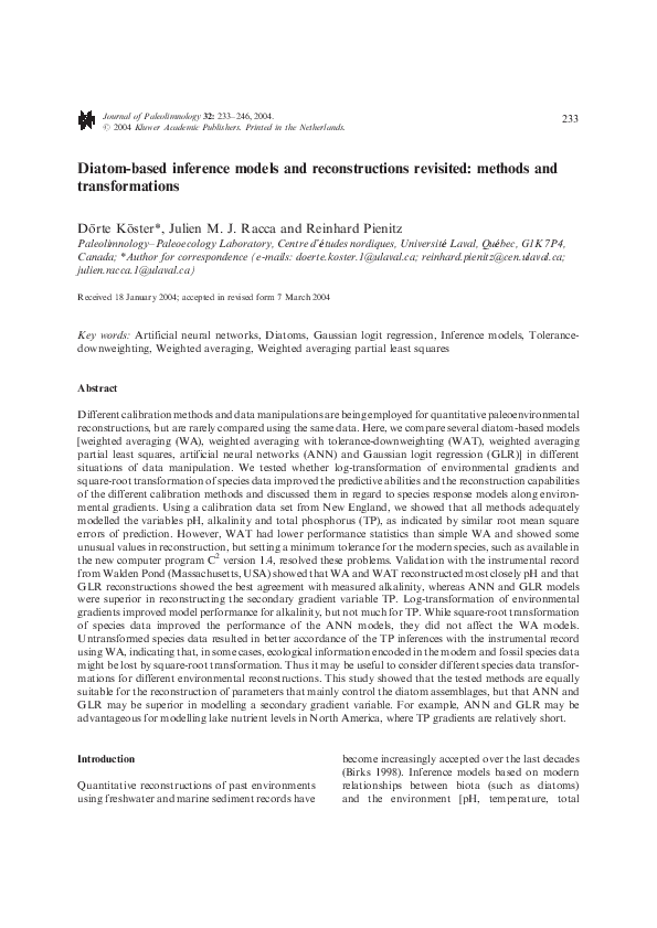 (PDF) Diatom-based inference models and reconstructions revisited: methods and transformations