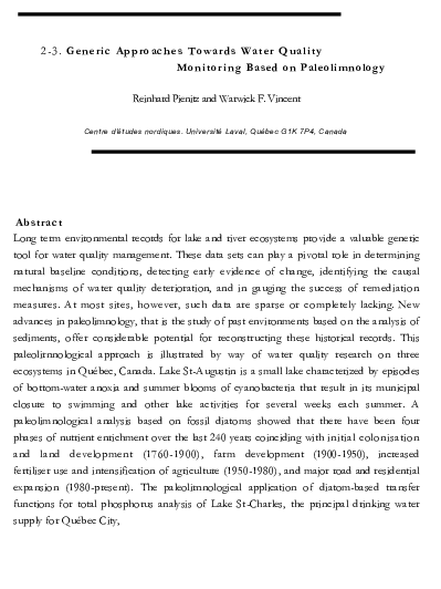 (PDF) 2-3. Generic Approaches Towards Water Quality Monitoring Based on Paleolimnology