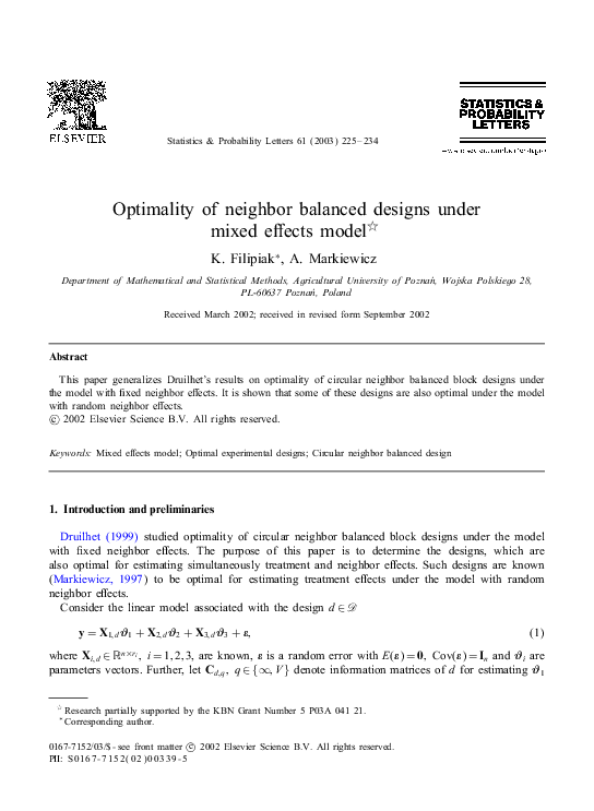 (PDF) Optimality of neighbor balanced designs under mixed effects model