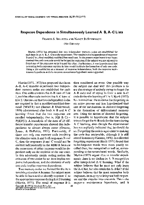 (PDF) Response dependence in simultaneously learned A-B, A-C lists
