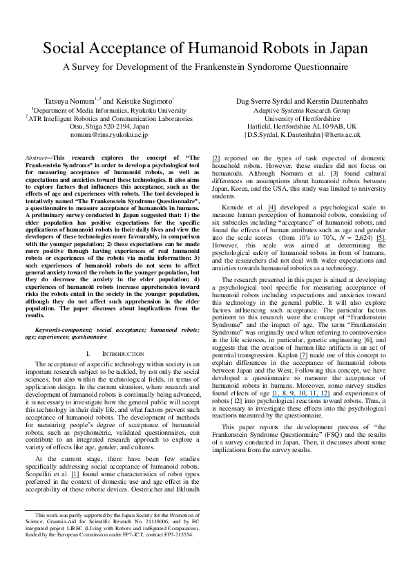 (PDF) Social acceptance of humanoid robots in Japan: A survey for ...