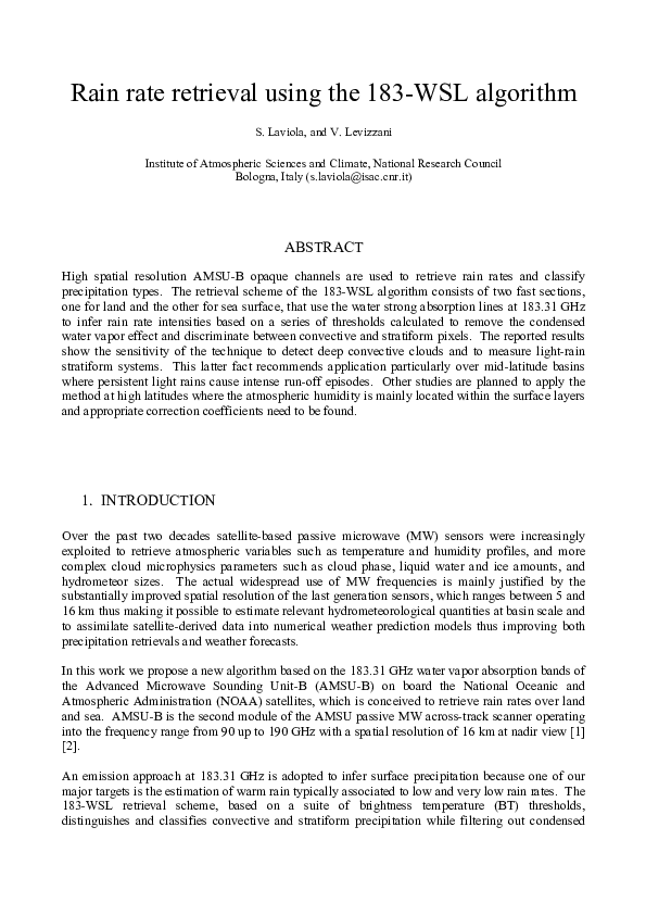 (PDF) Rain Rate Retrieval Using the 183-WSL Algorithm