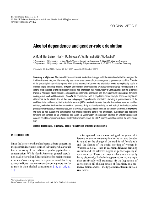 Pdf Alcohol Dependence And Gender Role Orientation Anne Möller
