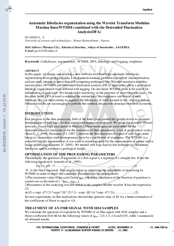 Pdf Automatic Lithofacies Segmentation Using The Wavelet Transform Modulus Maxima Lines