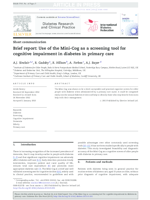 (PDF) Brief report: Use of the Mini-Cog as a screening tool for ...