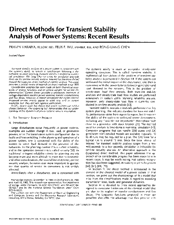 (PDF) Direct methods for transient stability analysis of power systems: Recent results