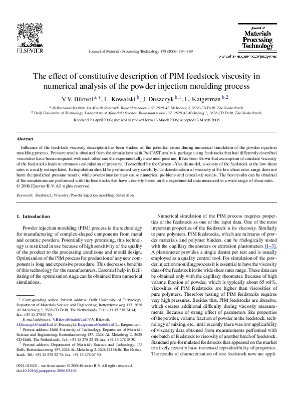 (PDF) The effect of constitutive description of PIM feedstock viscosity in numerical analysis of ...