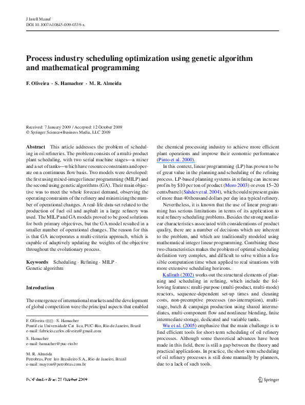 Pdf Process Industry Scheduling Optimization Using Genetic Algorithm