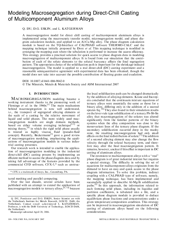 (PDF) Modeling Macrosegregation during Direct-Chill Casting of Multicomponent Aluminum Alloys