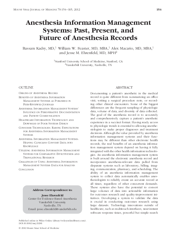 (PDF) Anesthesia information management systems: Past, present, and ...