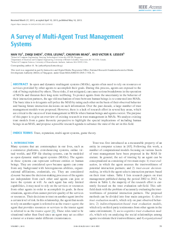 Pdf A Survey Of Multi Agent Trust Management Systems