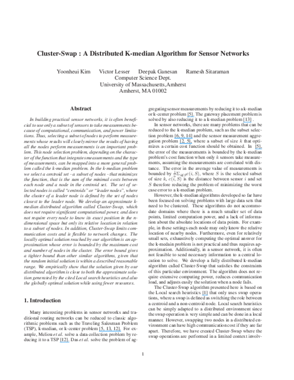 Pdf Cluster Swap A Distributed K Median Algorithm For Sensor Networks