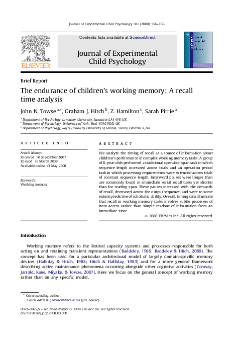 (PDF) The endurance of children’s working memory: A recall time analysis