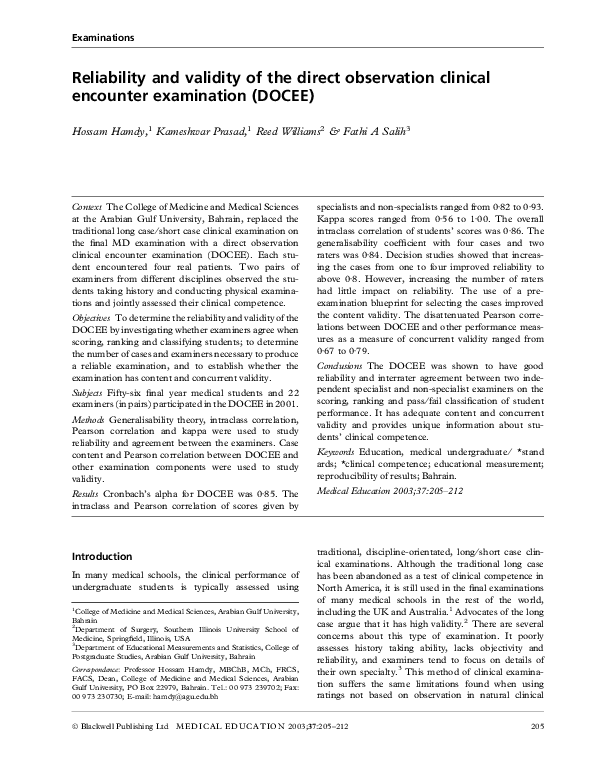 (PDF) Reliability and validity of the direct observation clinical ...
