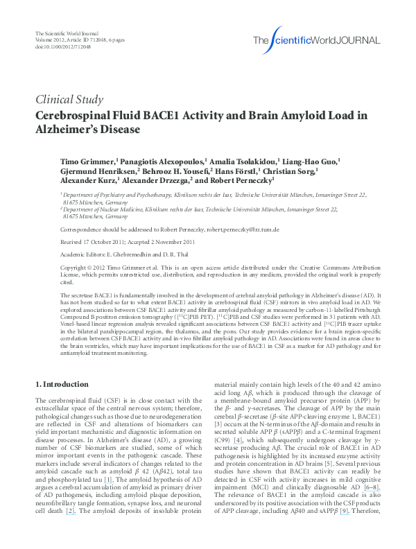 (PDF) Cerebrospinal fluid BACE1 activity and brain amyloid load in ...