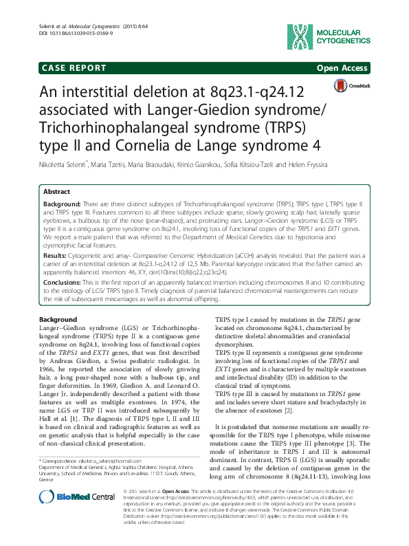 (PDF) An interstitial deletion at 8q23.1-q24.12 associated with Langer ...