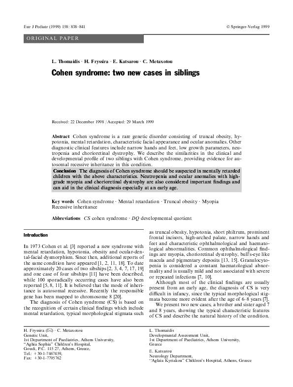(PDF) A novel VPS13B mutation in two brothers with Cohen syndrome ...