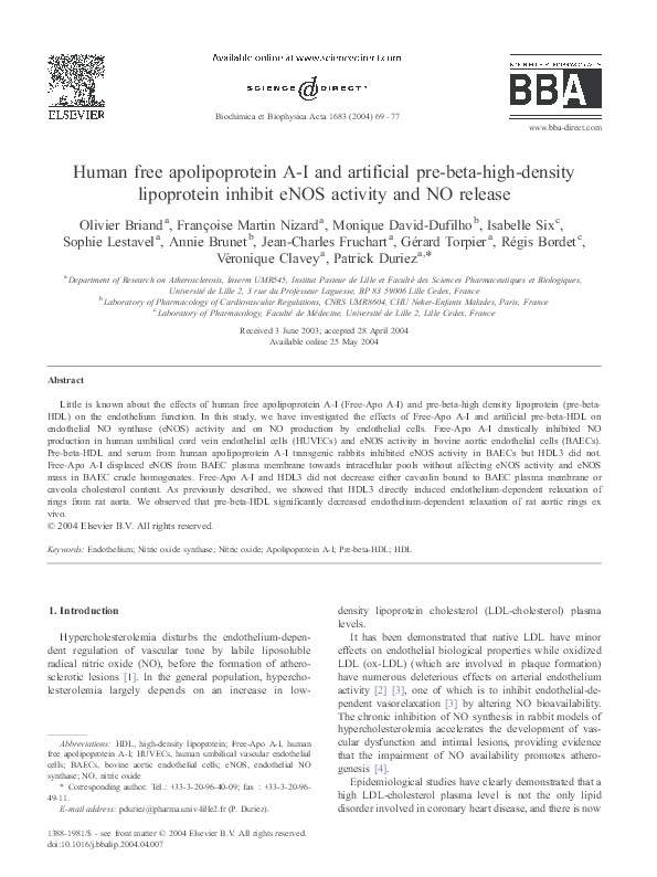 (PDF) Human free apolipoprotein A-I and artificial pre-beta-high ...